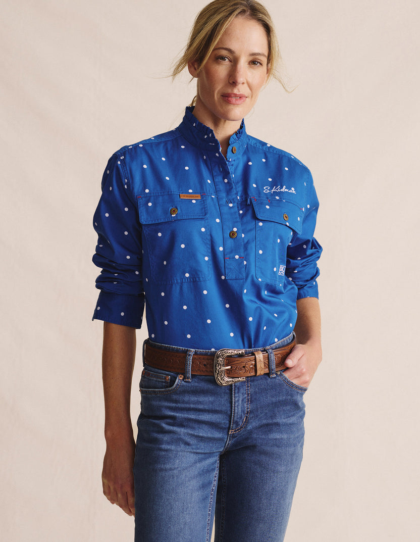 Acacia Frill Neck Half Placket Work Shirt - Mid Blue – Kidman Clothing